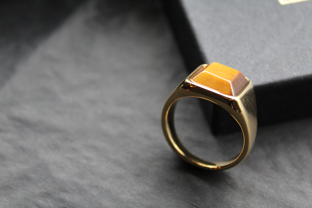 Fred Bennett Signet Ring with Tiger Eye Gold IP Plating – Swax ...