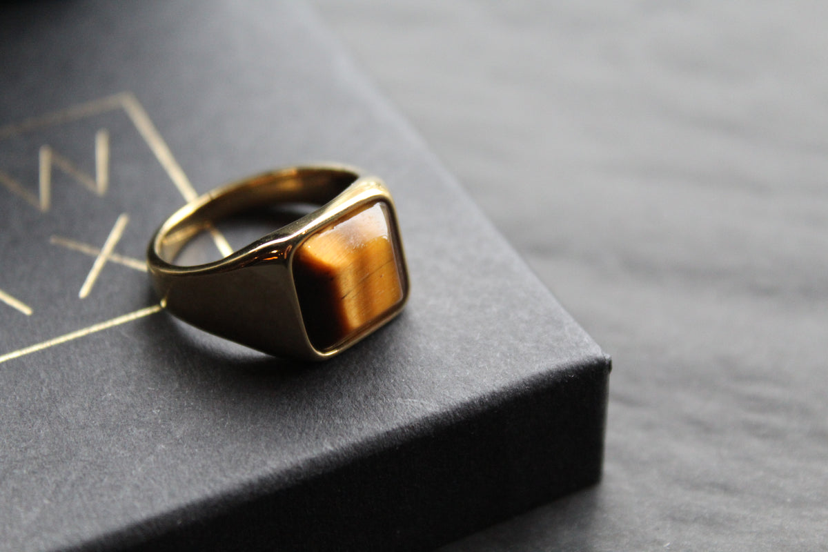 Fred Bennett Signet Ring with Tiger Eye Gold IP Plating – Swax ...